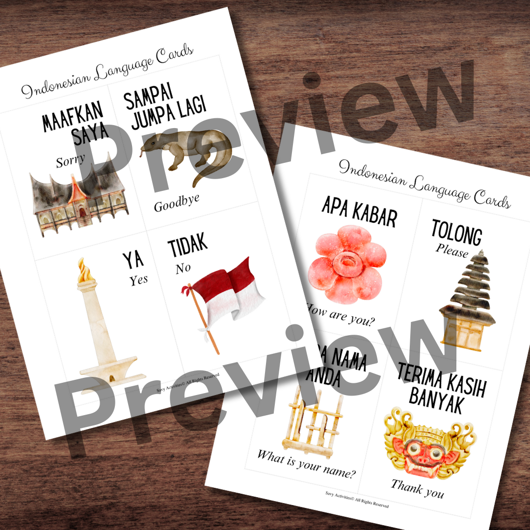 Indonesian Asian Language EIGHT Phrases Phase Flash Cards Illustrated ...
