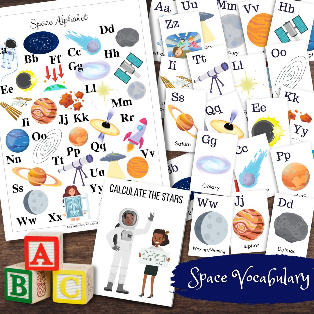 SPACE Alphabet Flash Cards ABCs & Poster | Mini Book | Vocabulary Spel ...