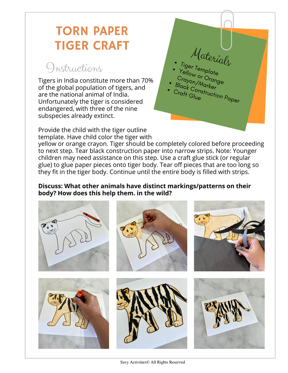 Torn Paper TIGER Craft Activity - Tiger Outline & Instructions w/Speci ...