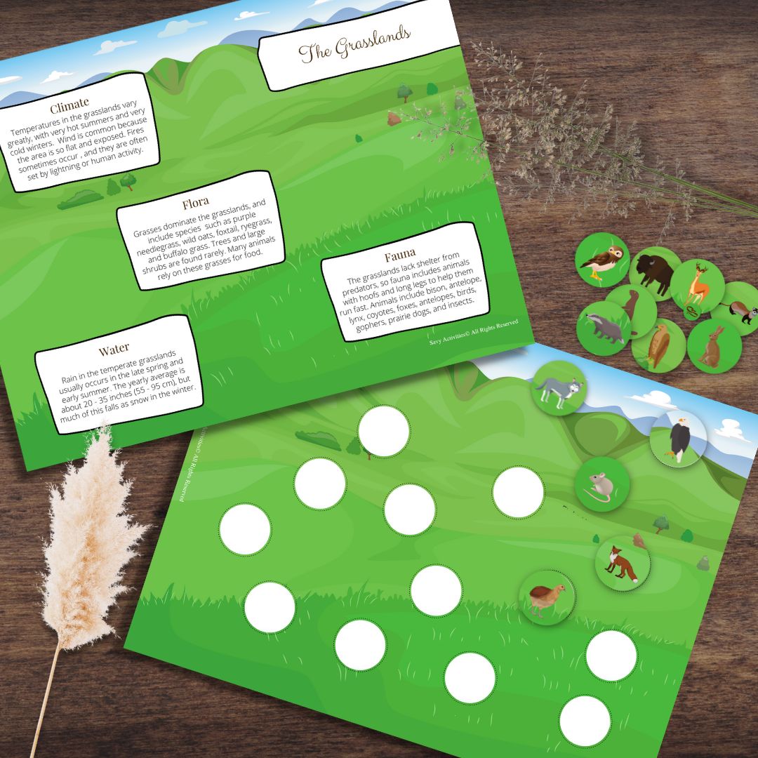 Grasslands Habitat Biome Interactive Matching Study FULL COLOR Informa ...